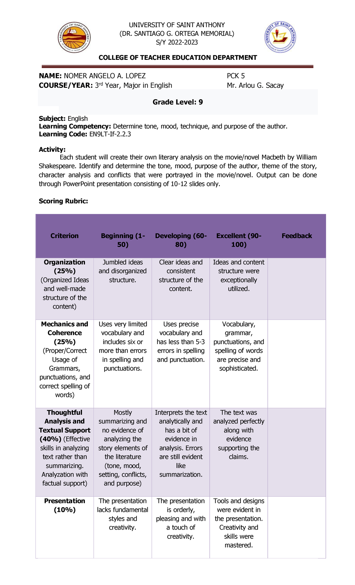 Rubrics-PCK-5 - PPT on how to craft rubrics and its elements. - UNIVERSITY OF SAINT ANTHONY (DR ...