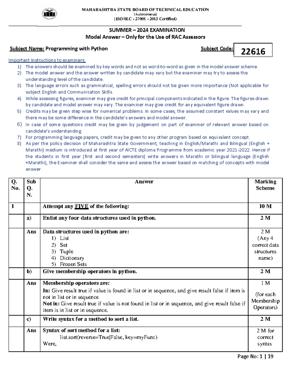 Model Answer for Programming with Python (22616) - Summer 2024 Exam - Studocu