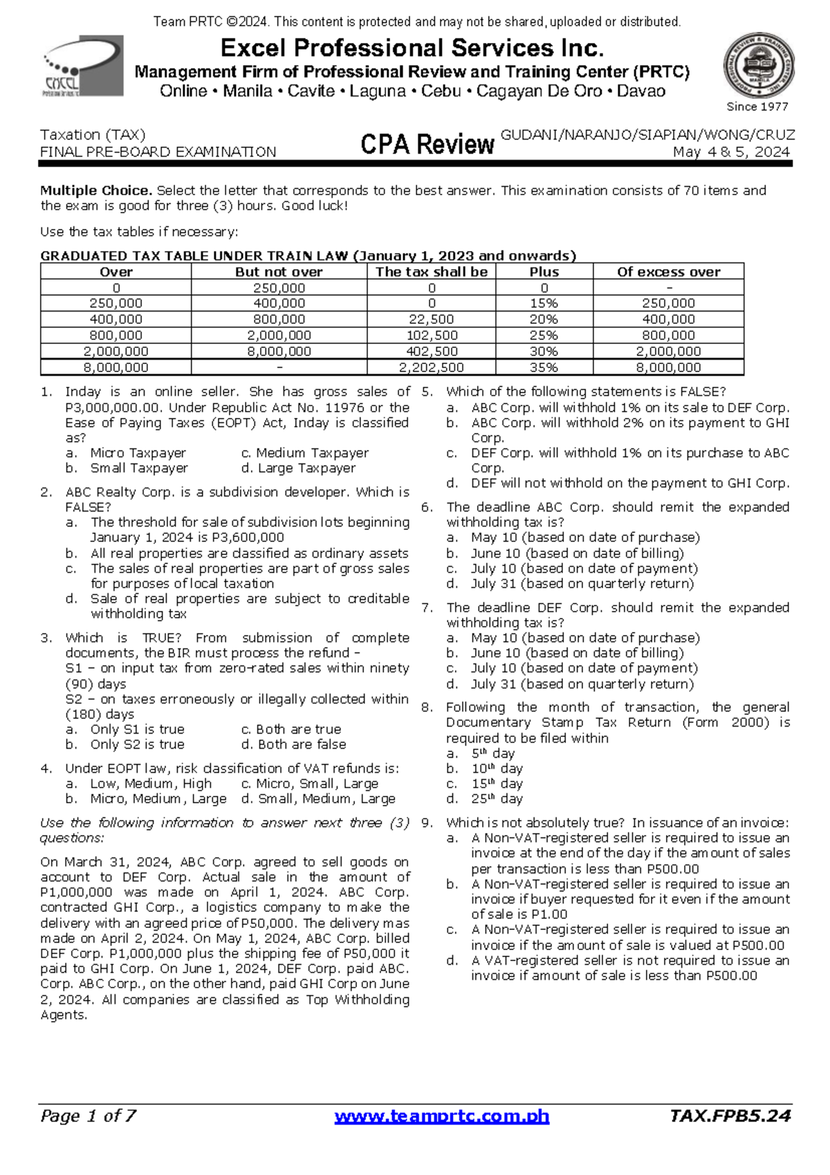 TAX 2023 Final Exam Review for Team PRTC 2024 - Studocu