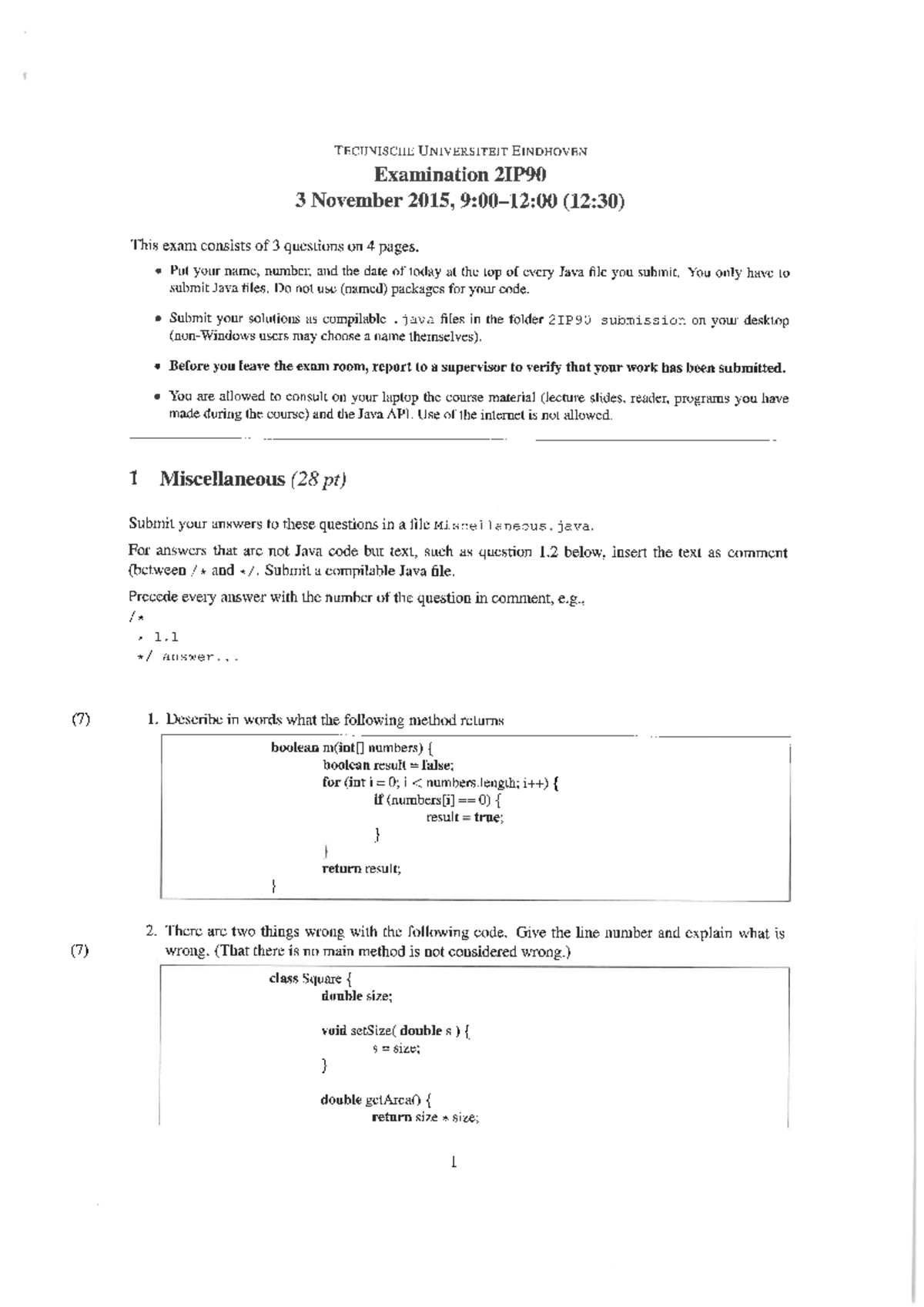 Exam 2IP90 3 10 15 - Old exam Programming 2015 - TECHNISCHE UNIVERSITEIT EINDHOVEN Examination ...