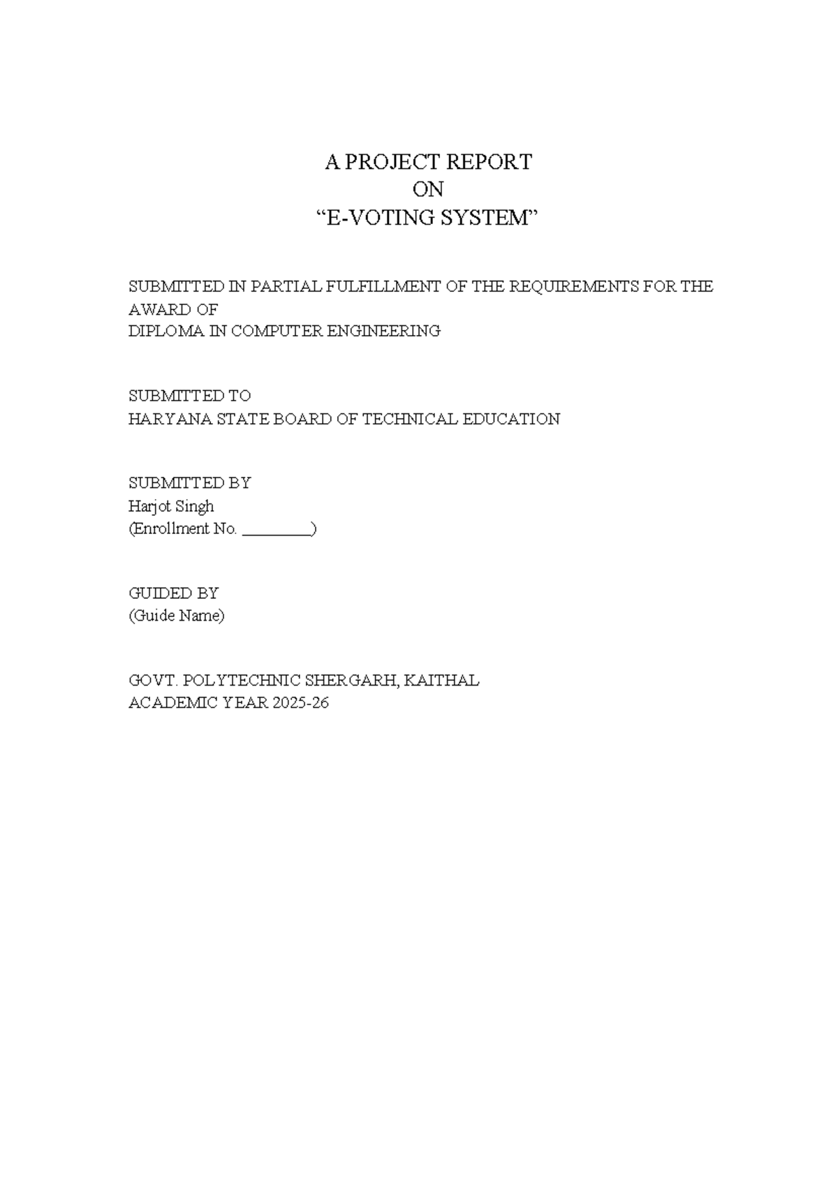 E-Voting Project Report - Diploma in Computer Engineering - Studocu