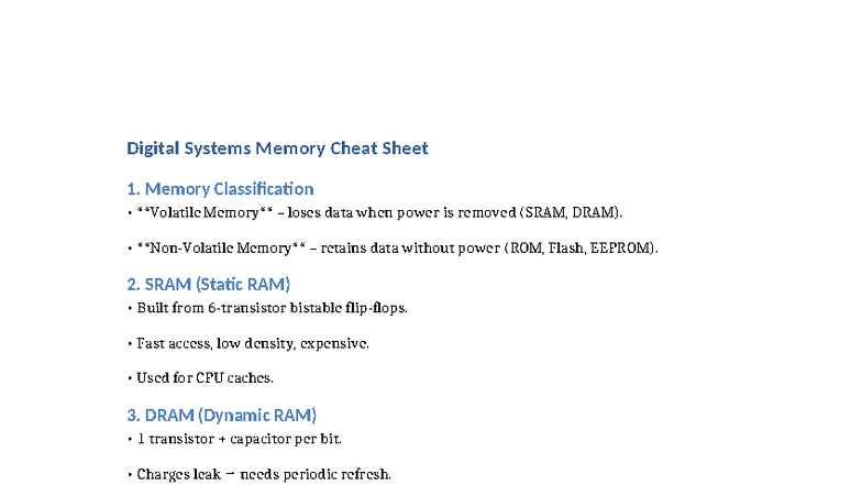 Digital Systems (CS101) Memory Classification & Organization Cheat ...