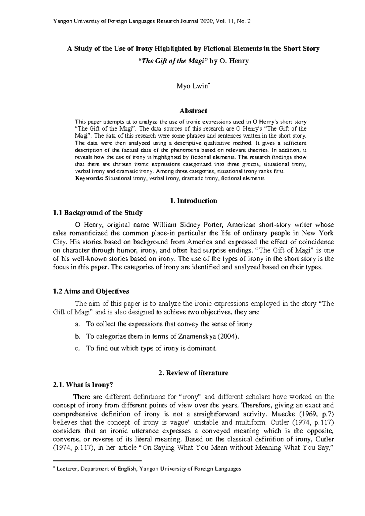 A Study of Irony in O. Henry's "The Gift of the Magi" (ENG 2020) - Studocu