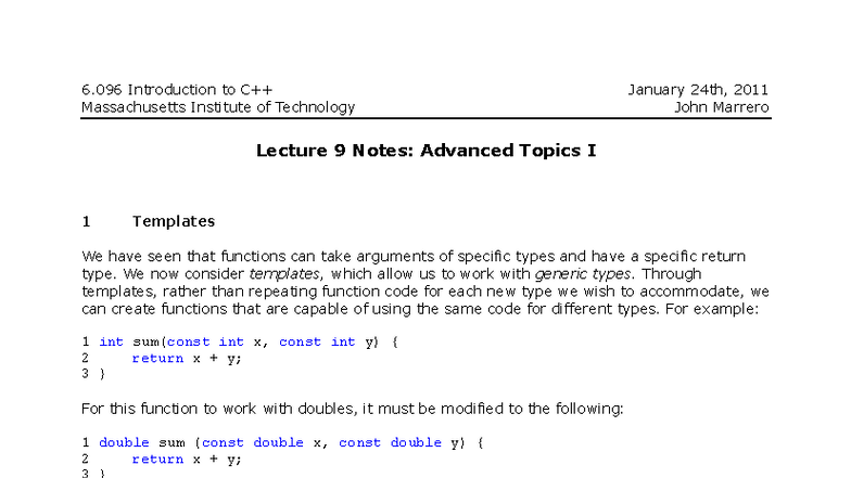 6.096 Lecture 9 Notes: Advanced Topics on Templates and STL - Studocu