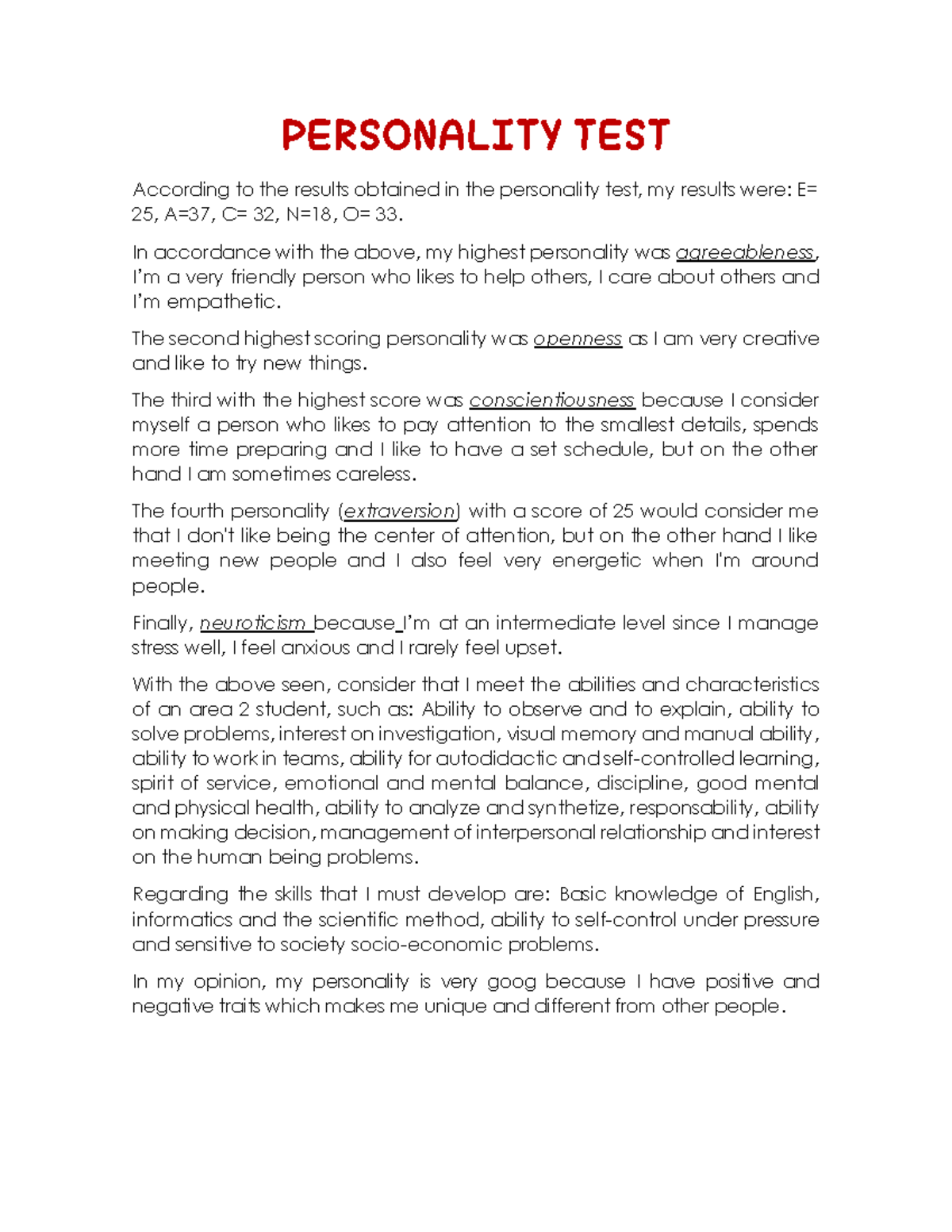 Personality Test Analysis: My Traits and Skills Development - Studocu