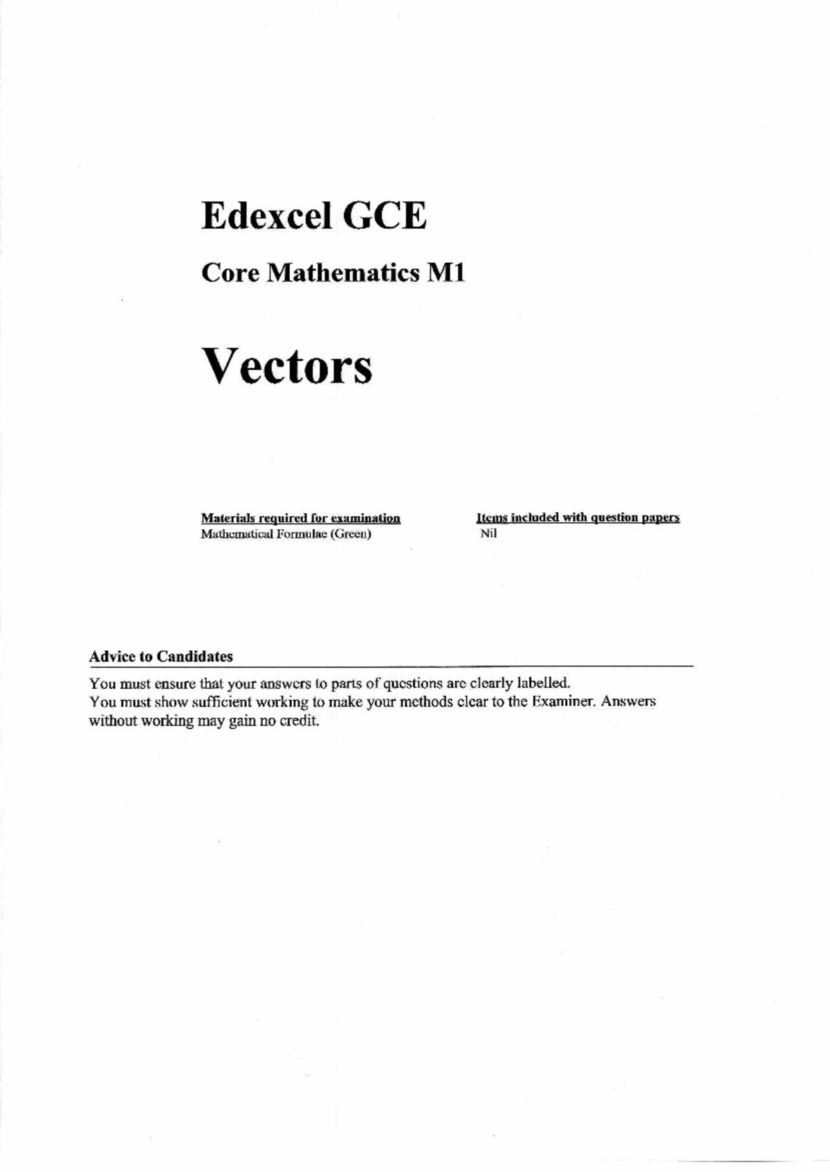 Edexcel GCE M1 Vectors Exam Preparation Materials and Guidance - Studocu