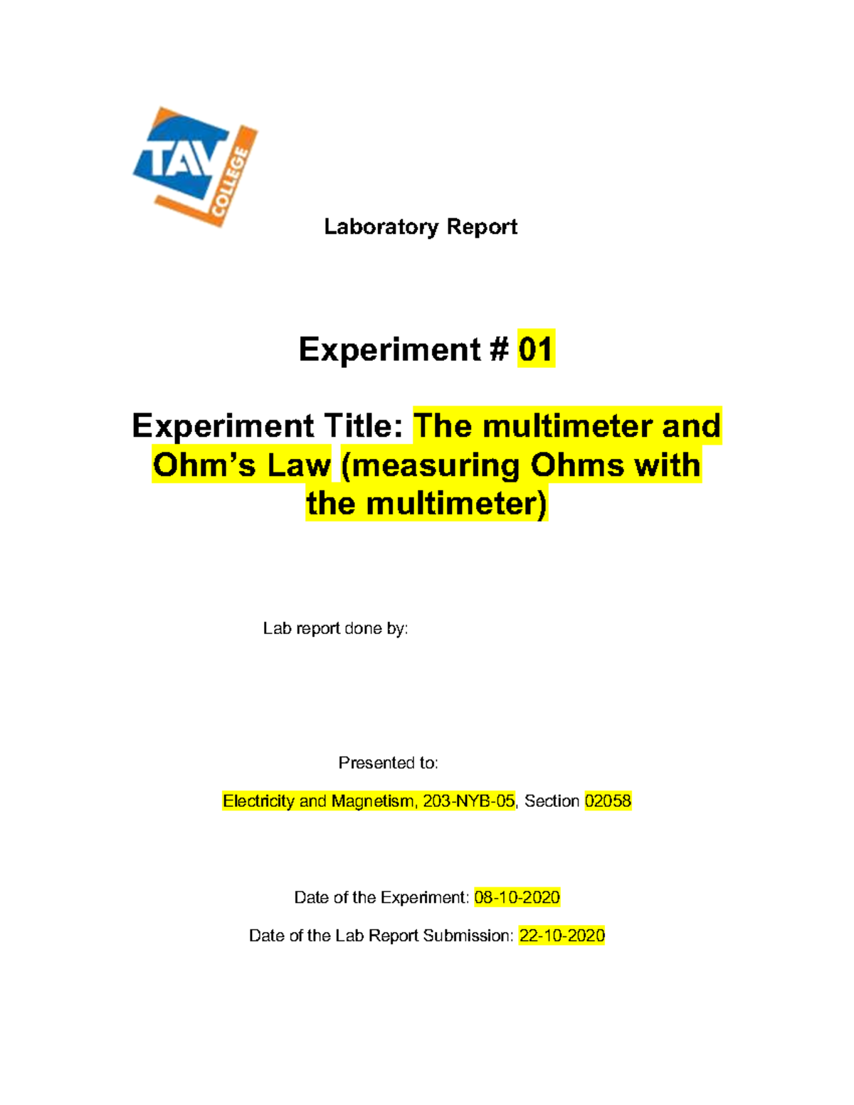 E&M LAB1 - Lab Report on Ohm's Law and Multimeter Use - Studocu