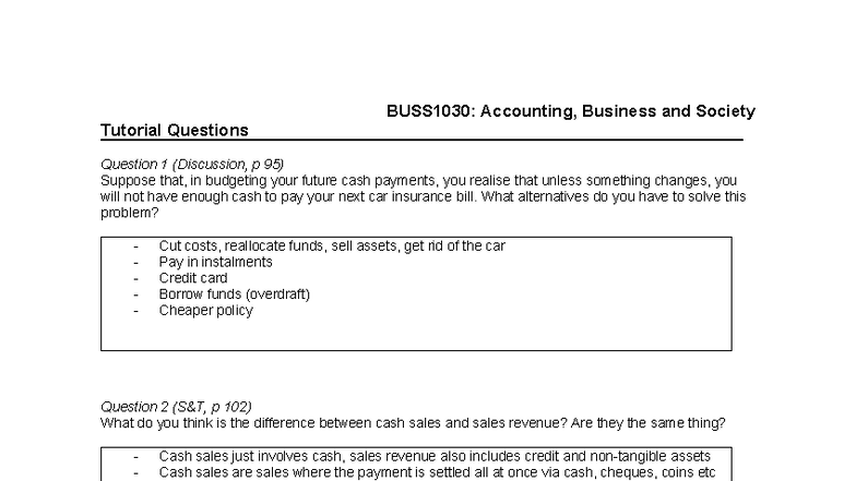 BUSS1030: Accounting & Society Tutorial Questions and Solutions - Studocu