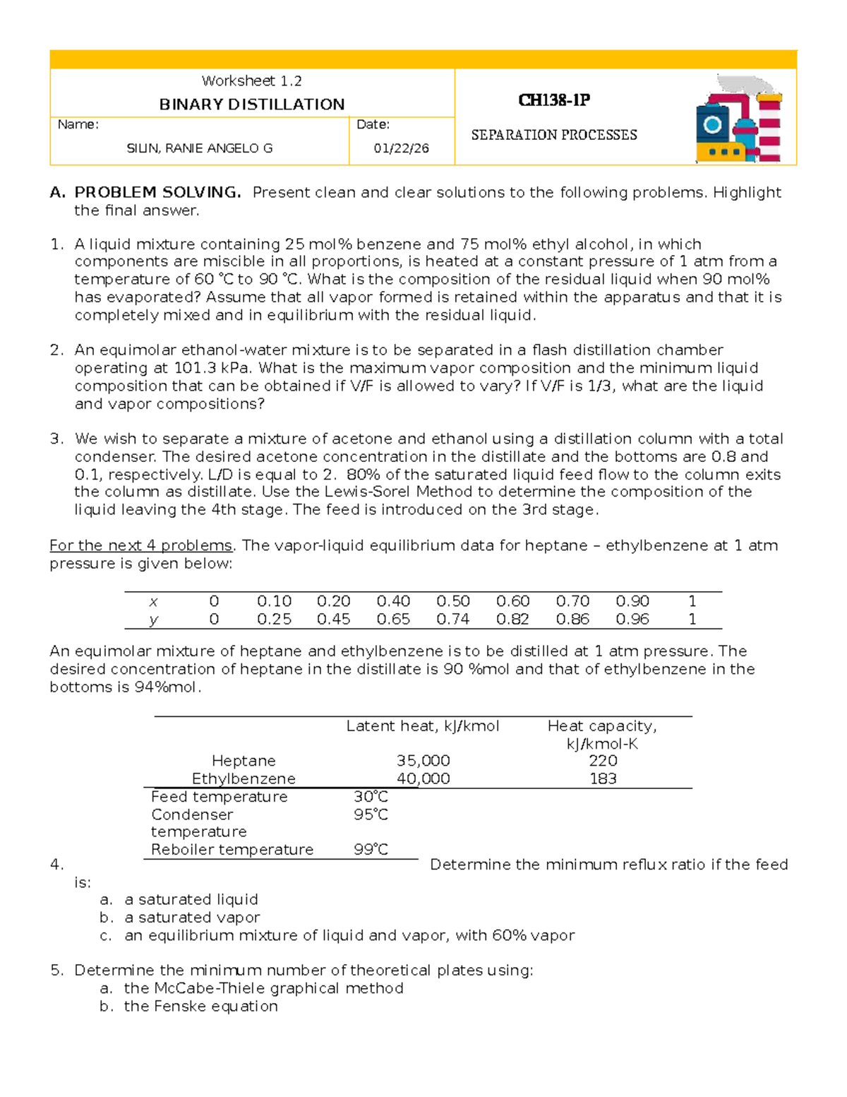 03 1.2 Worksheet: Binary Distillation Problems & Solutions T2 - Studocu