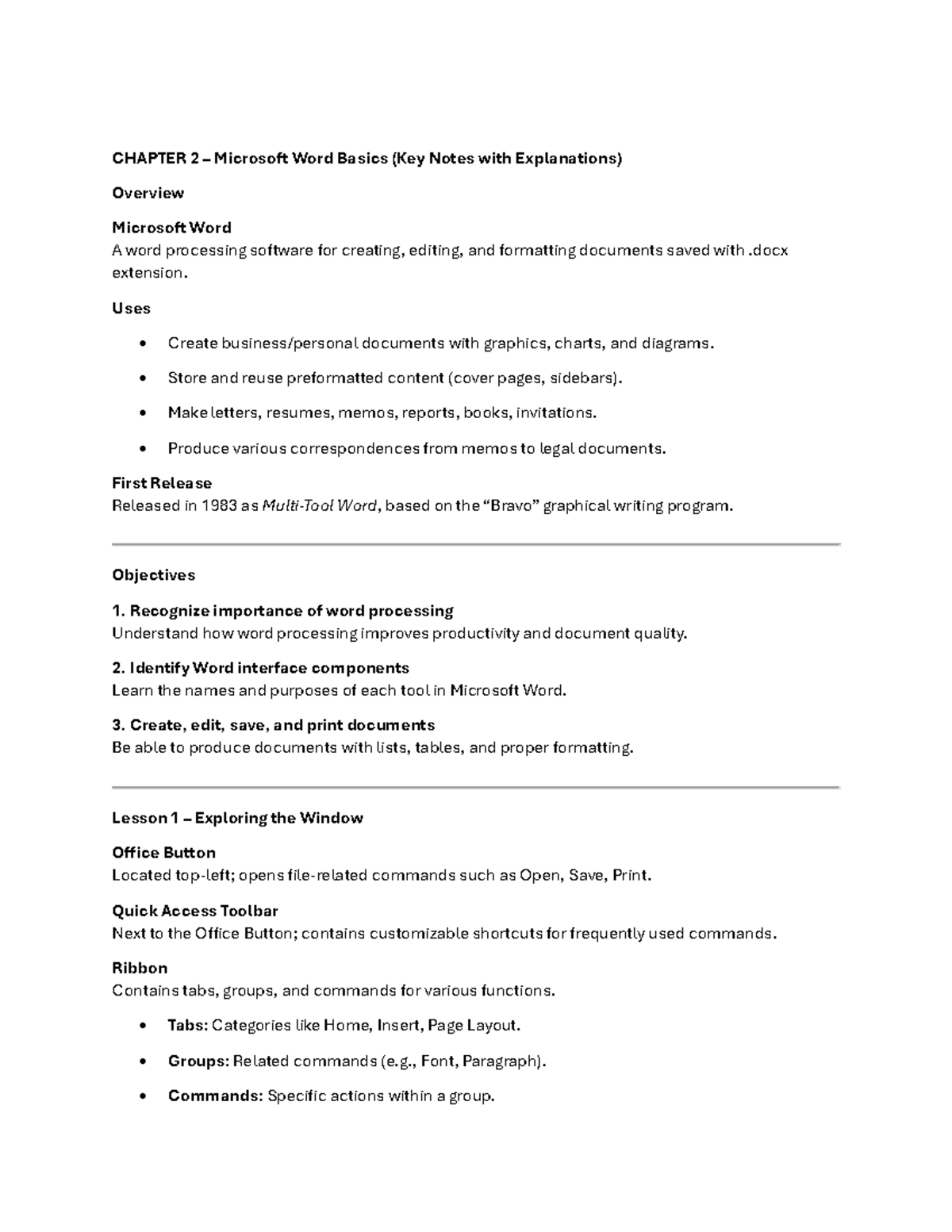 CHAPTER 2: Microsoft Word Basics - Key Notes & Explanations - Studocu