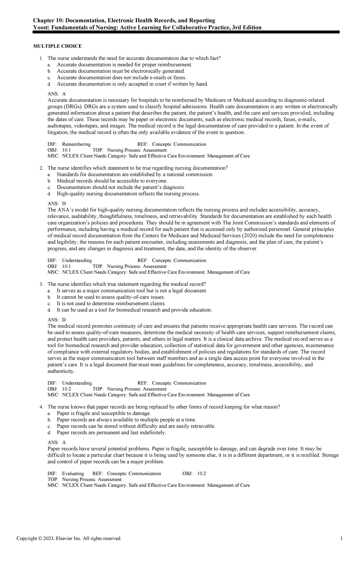 NUR 101 - Chapter 10 - Documentation & Electronic Health Records Quiz ...