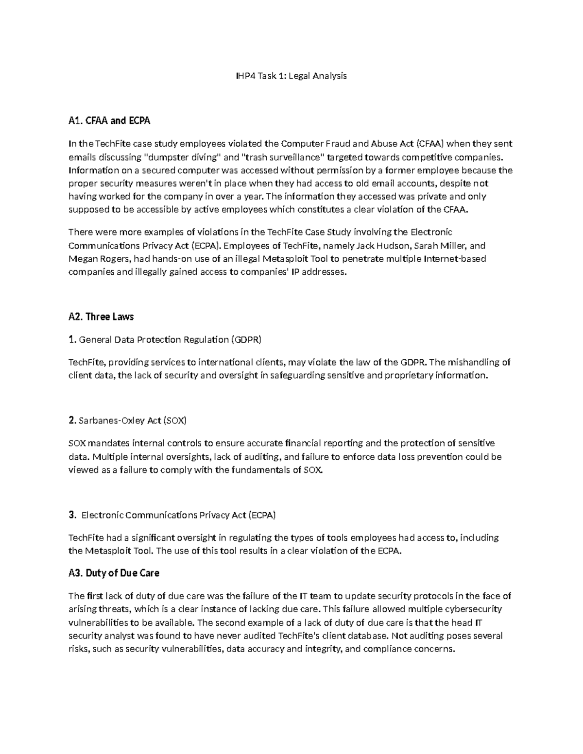 IHP4 Task 1: Legal Analysis of CFAA and ECPA Violations in TechFite ...