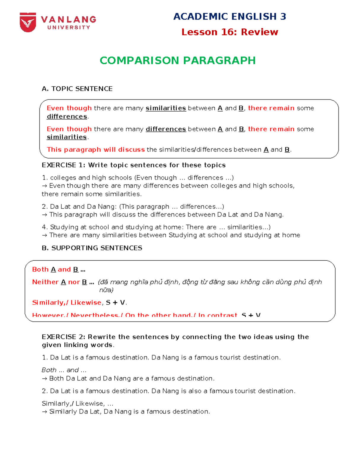 ACADEMIC ENGLISH 3 Lesson 16: Comparison Paragraph Review - Studocu