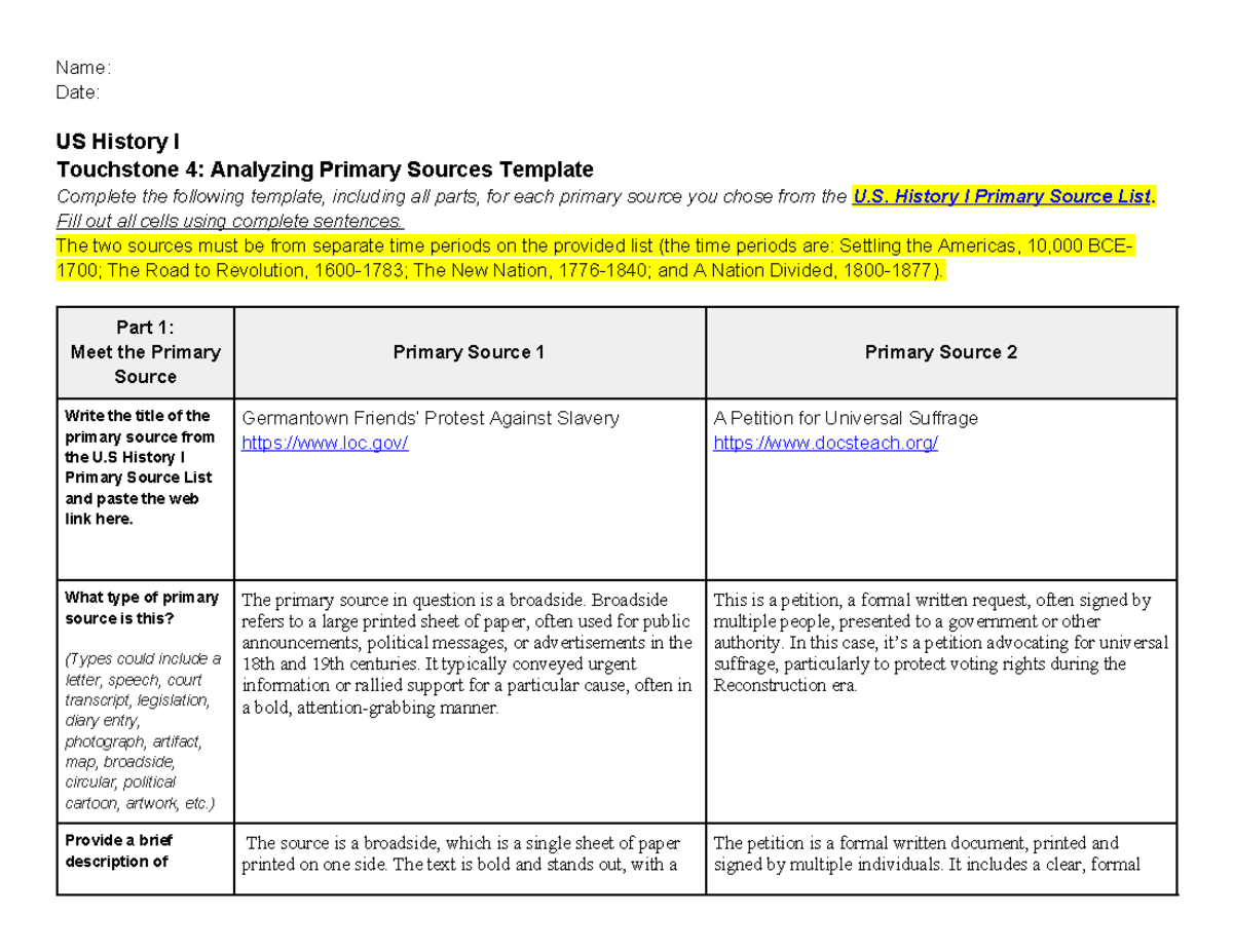 US History I Touchstone 4: Analyzing Primary Sources Template Guide ...