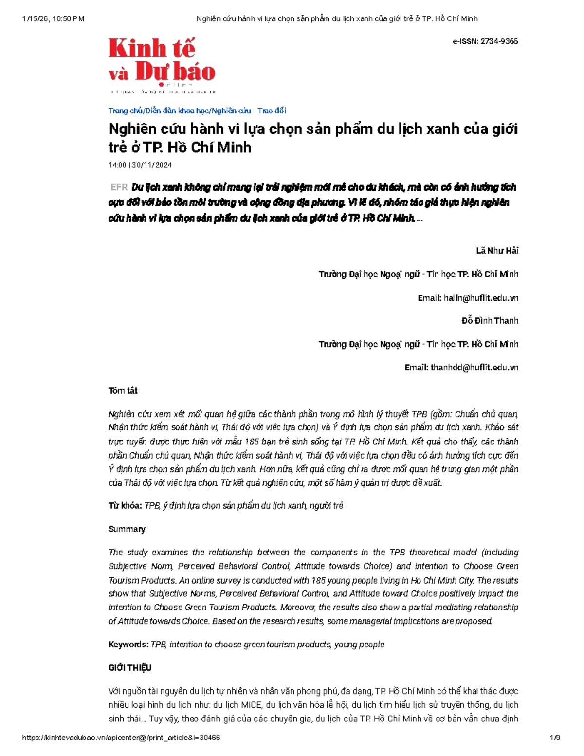 Nghiên cứu hành vi lựa chọn sản phẩm du lịch xanh của giới trẻ ở TP. Hồ ...