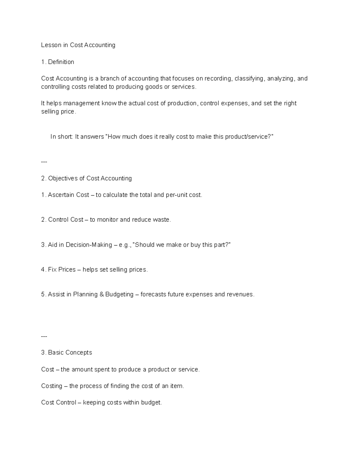 Cost Accounting 1: Fundamentals and Key Concepts Overview - Studocu