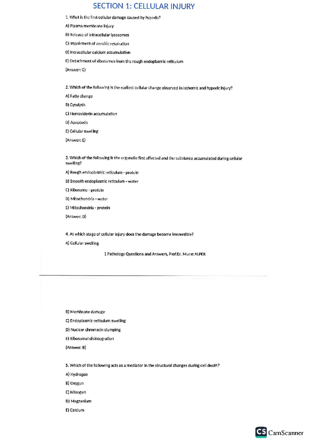 Pathology MCQs and Answers: Cellular Injury and Adaptations CS - Studocu