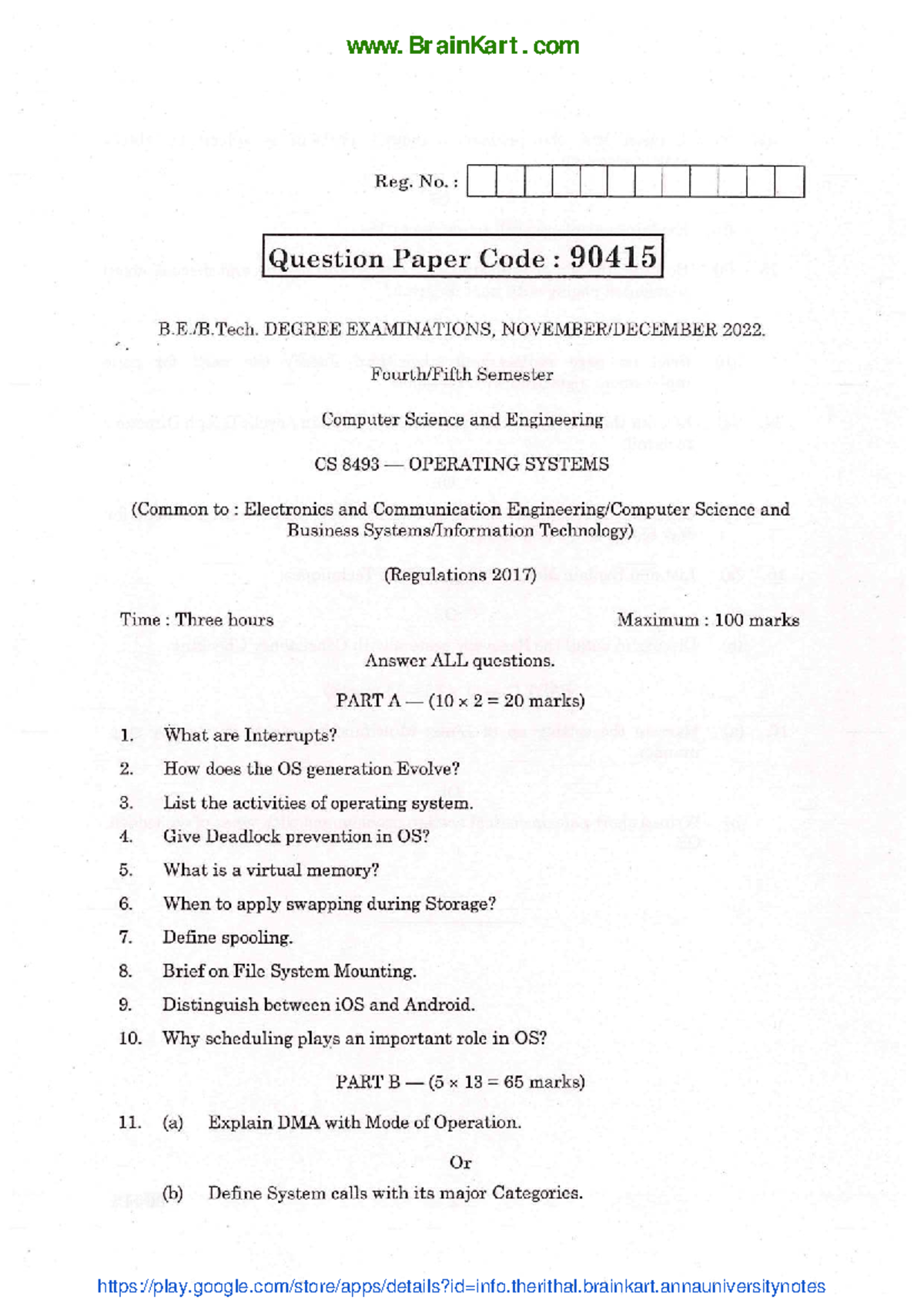 Operating Systems - CS8493 2017 Reg. Question Paper Nov-Dec 2022 - Studocu