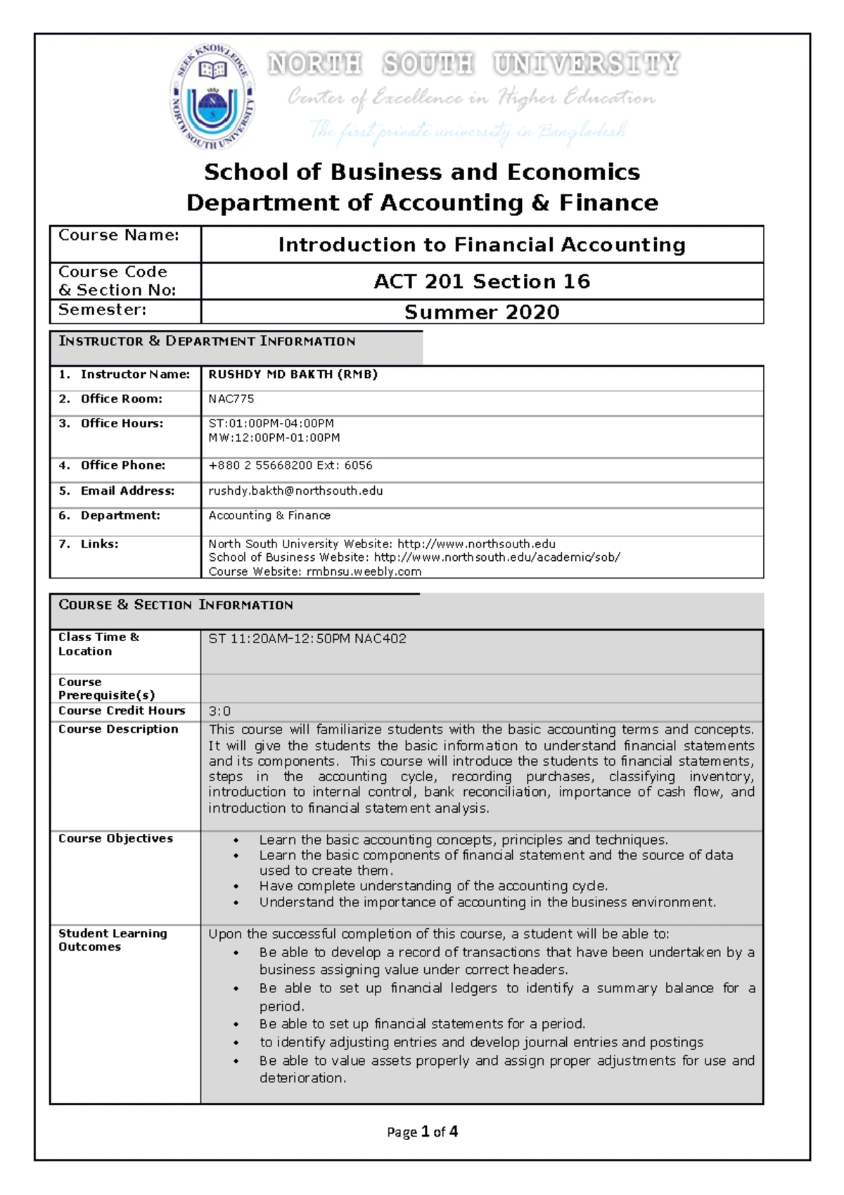 ACT 201 - Course outline - School of Business Department of Accounting ...