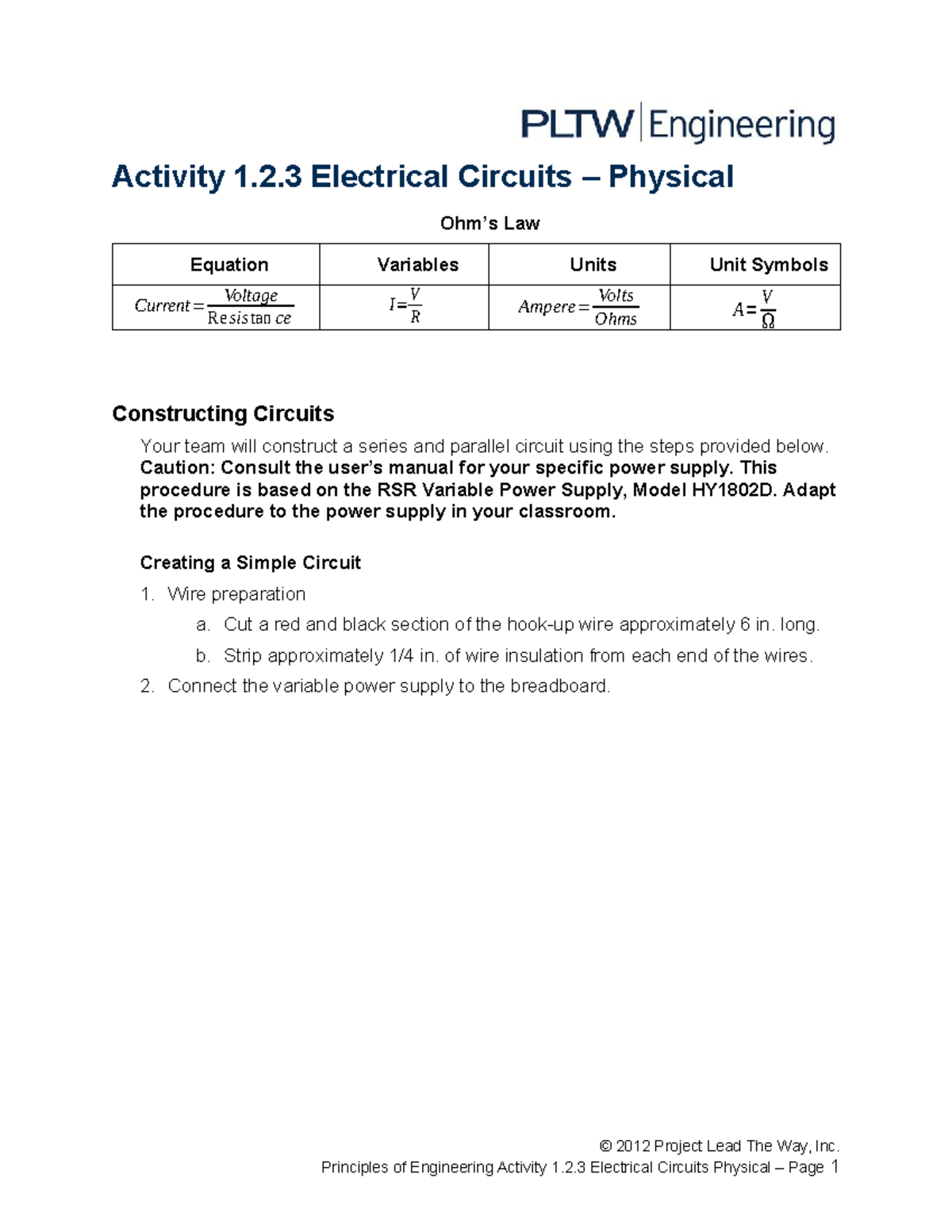1.2.3.A.PHY Constructing Electrical Circuits: Ohm's Law and ...