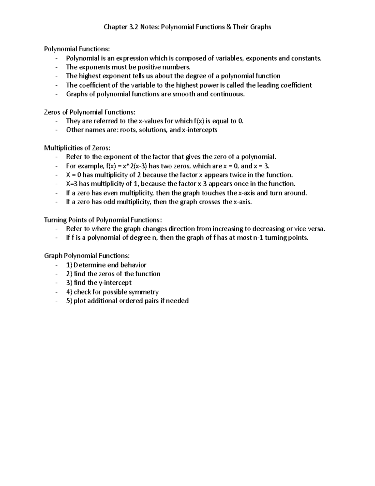 Chapter 3.2 Notes: Understanding Polynomial Functions & Graphs - Studocu