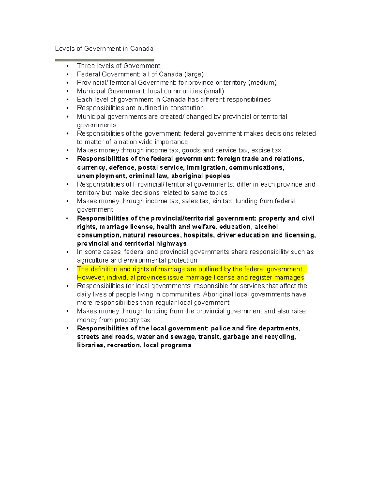 Levels of Government Notes - Levels of Government in Canada • Three ...