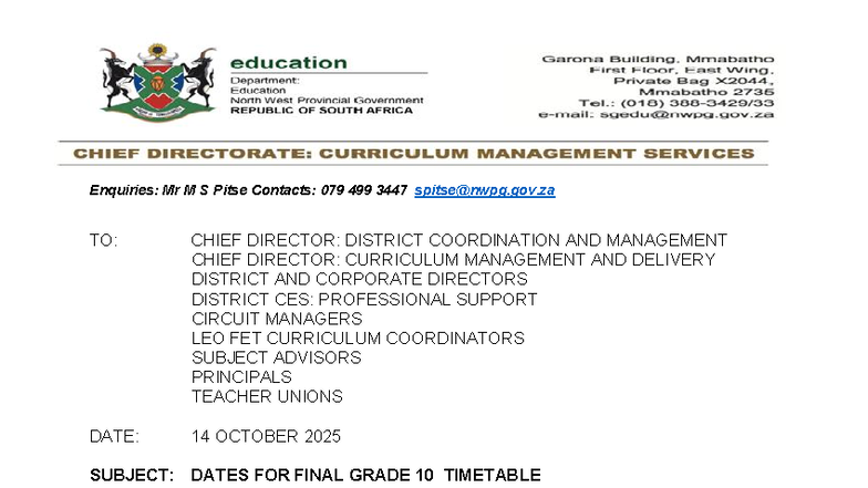 2025 Grade 10 Final Exam Timetable and Guidelines - Studocu
