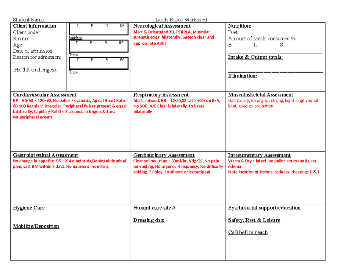 Client Assessment Worksheet: T P R & Baseline Data - Studocu