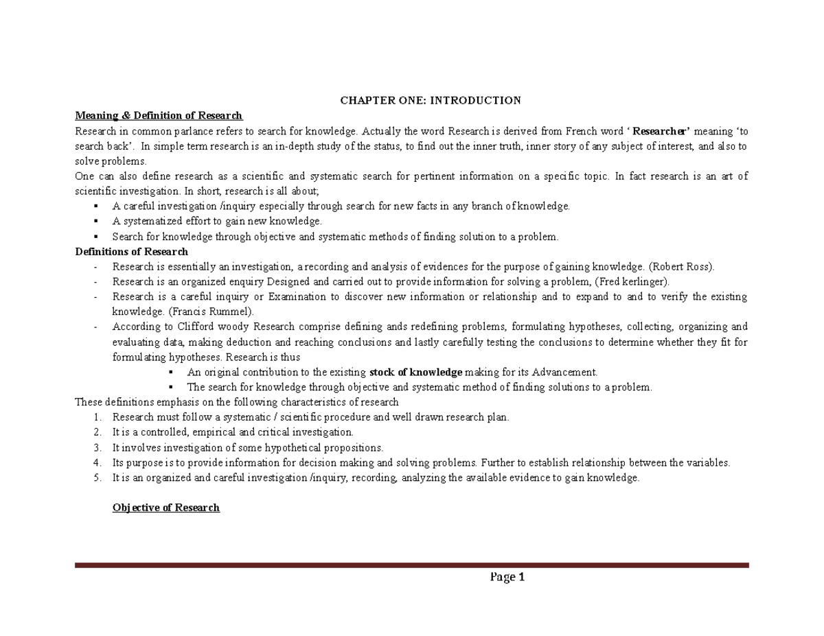 Chapter 1 - CHAPTER ONE: INTRODUCTION Meaning & Definition of Research ...