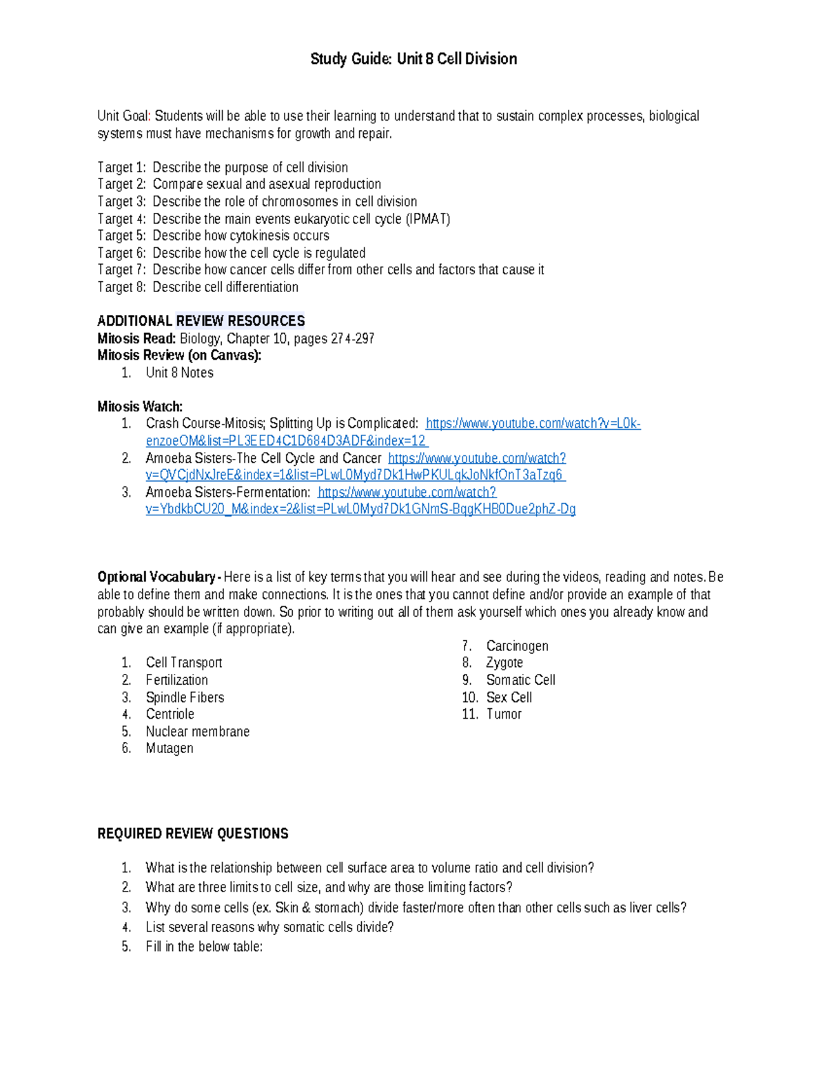 Cell Division Study Guide: Unit 8 Biology 2023 - Studocu