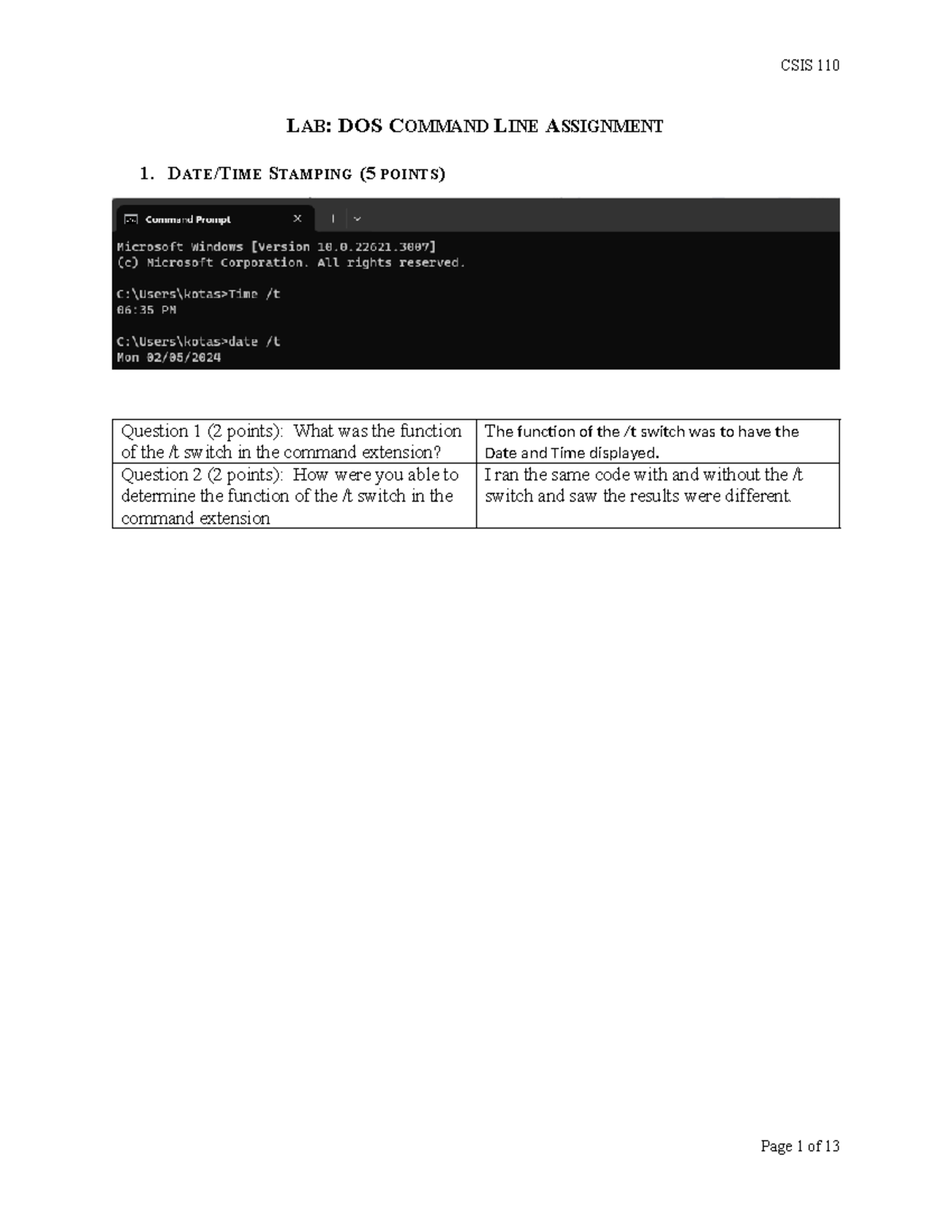 Dakota Surratt Lab: Exploring DOS Command Line Functions - Studocu