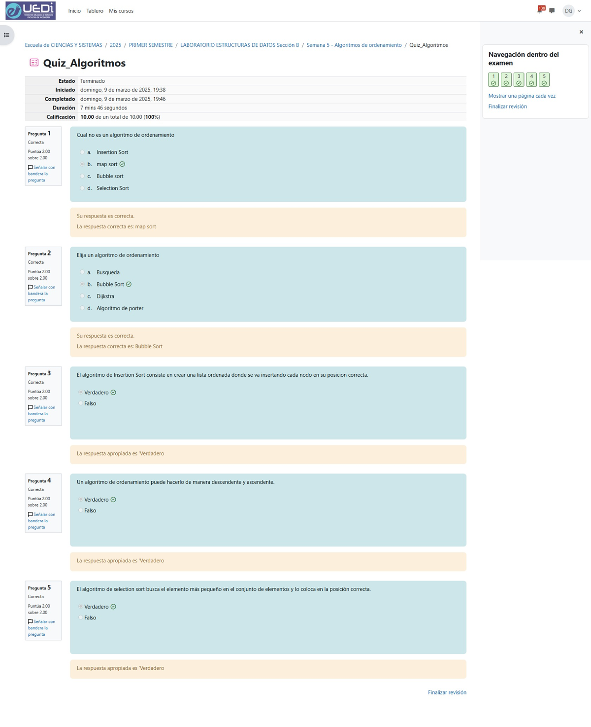 Quiz sobre Algoritmos de Ordenamiento - LAB EDD - Studocu