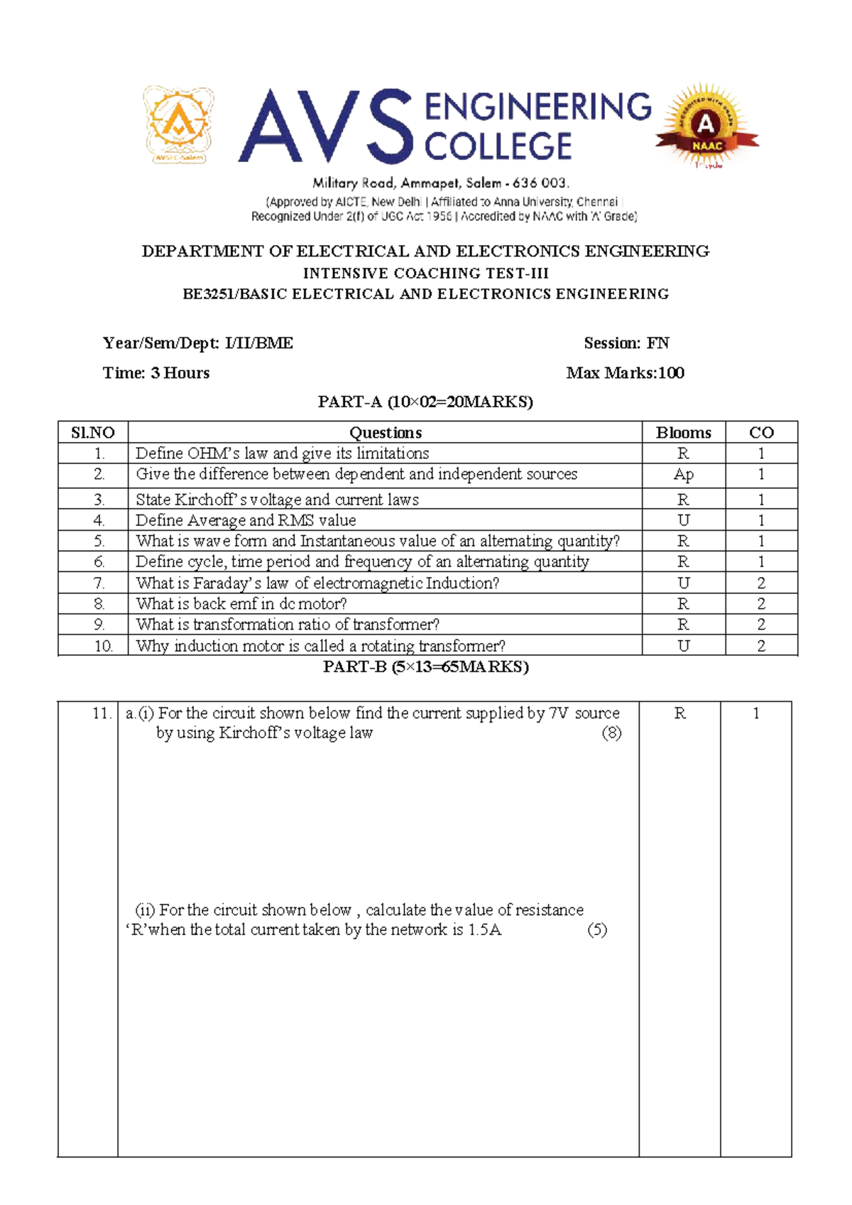 UNIT-1,2 TEST-3-BME - Electrical & Electronics Engineering QP - Studocu