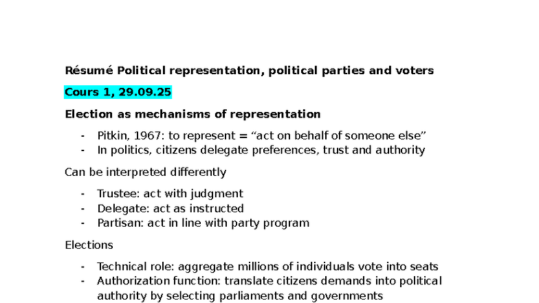 Résumé: Political Representation, Parties & Voters - Cours 1 - Studocu