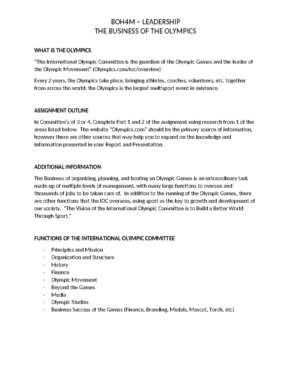 BOH4M LEADERSHIP: The Business of the Olympics Assignment Overview ...