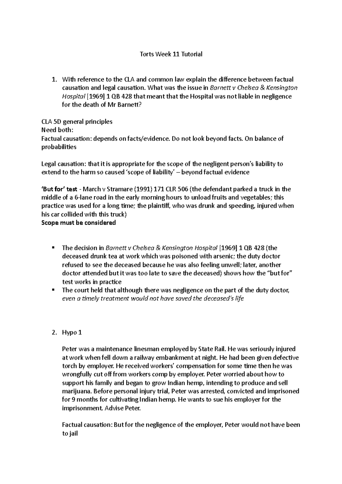 Torts Tutorial Week 11: Causation and Liability Case Discussions - Studocu