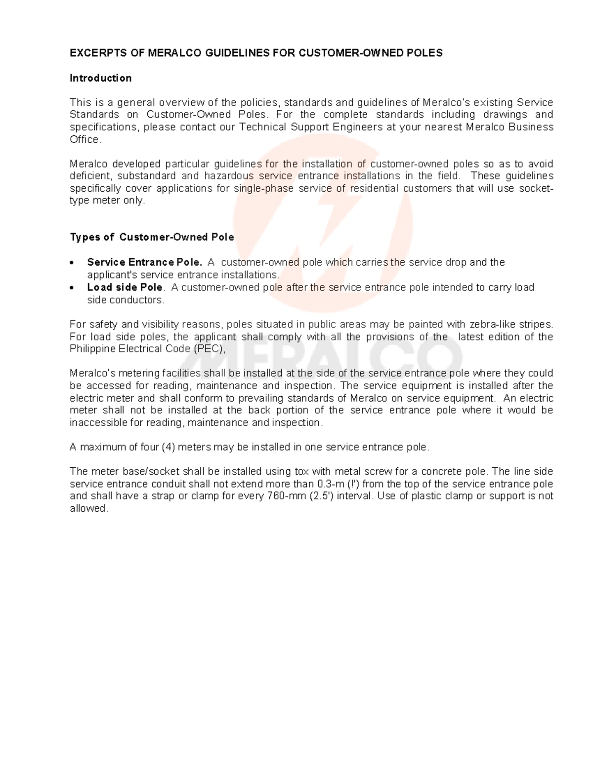 Meralco Guidelines for Customer-Owned Poles: Service Standards Overview ...