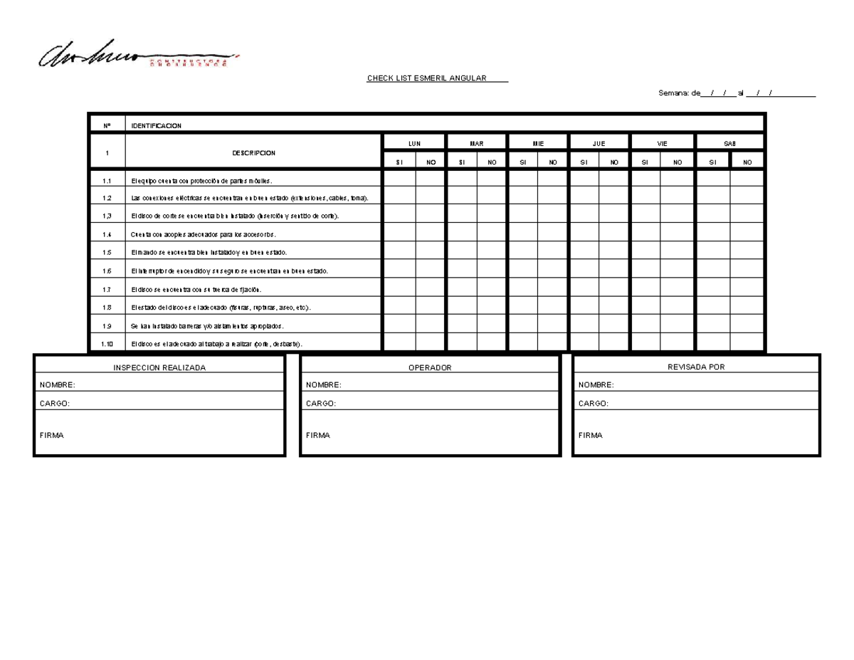 13.2 - Lista de Chequeo para Esmeril Angular - Studocu