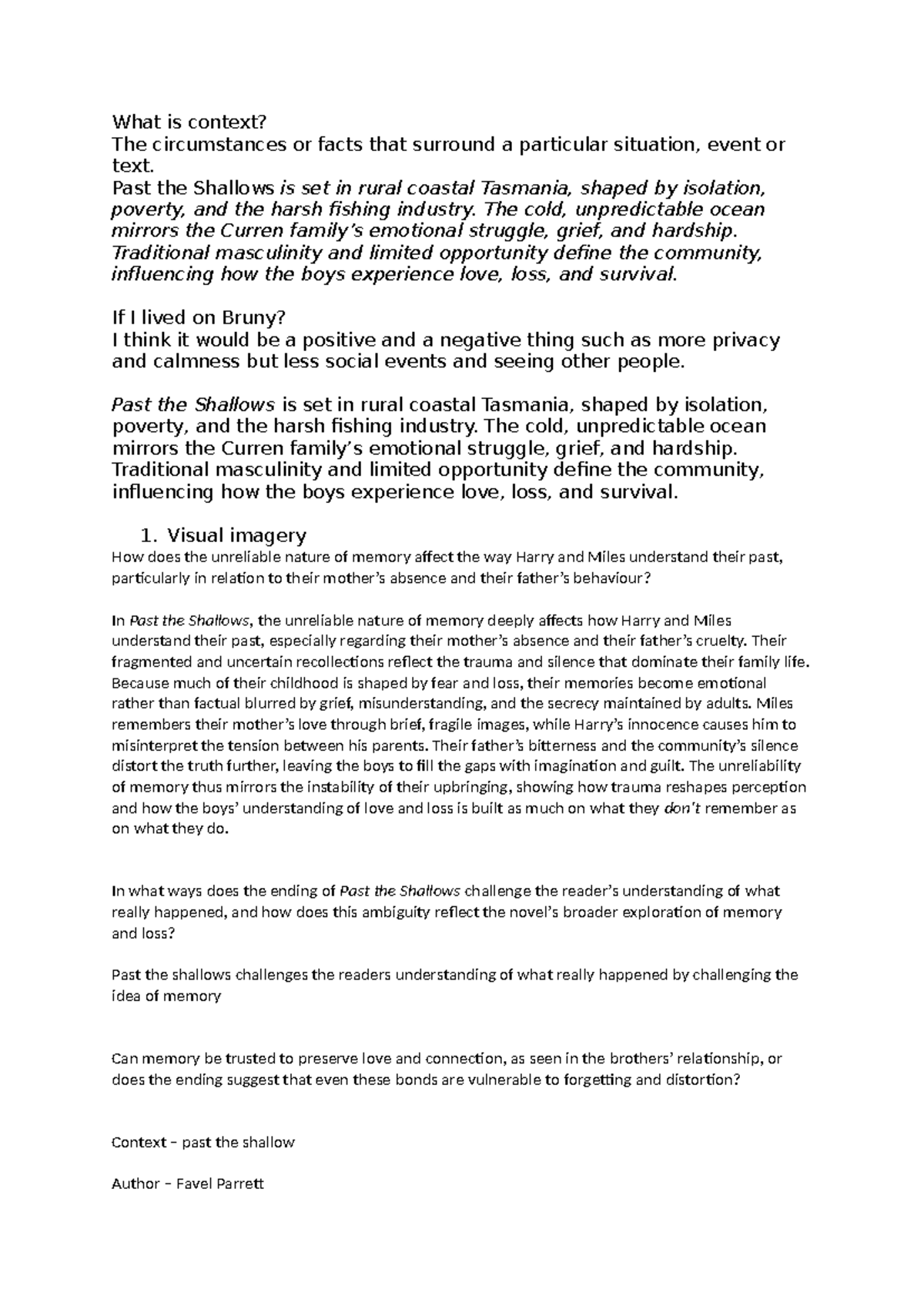 Contextual Analysis: Memory and Loss in "Past the Shallows" - Studocu