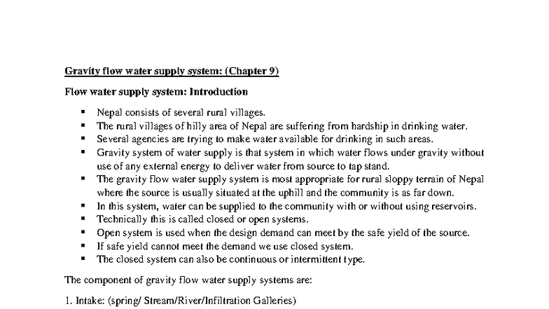 Gravity Flow Water Supply System: Chapter 9 Overview and Design ...