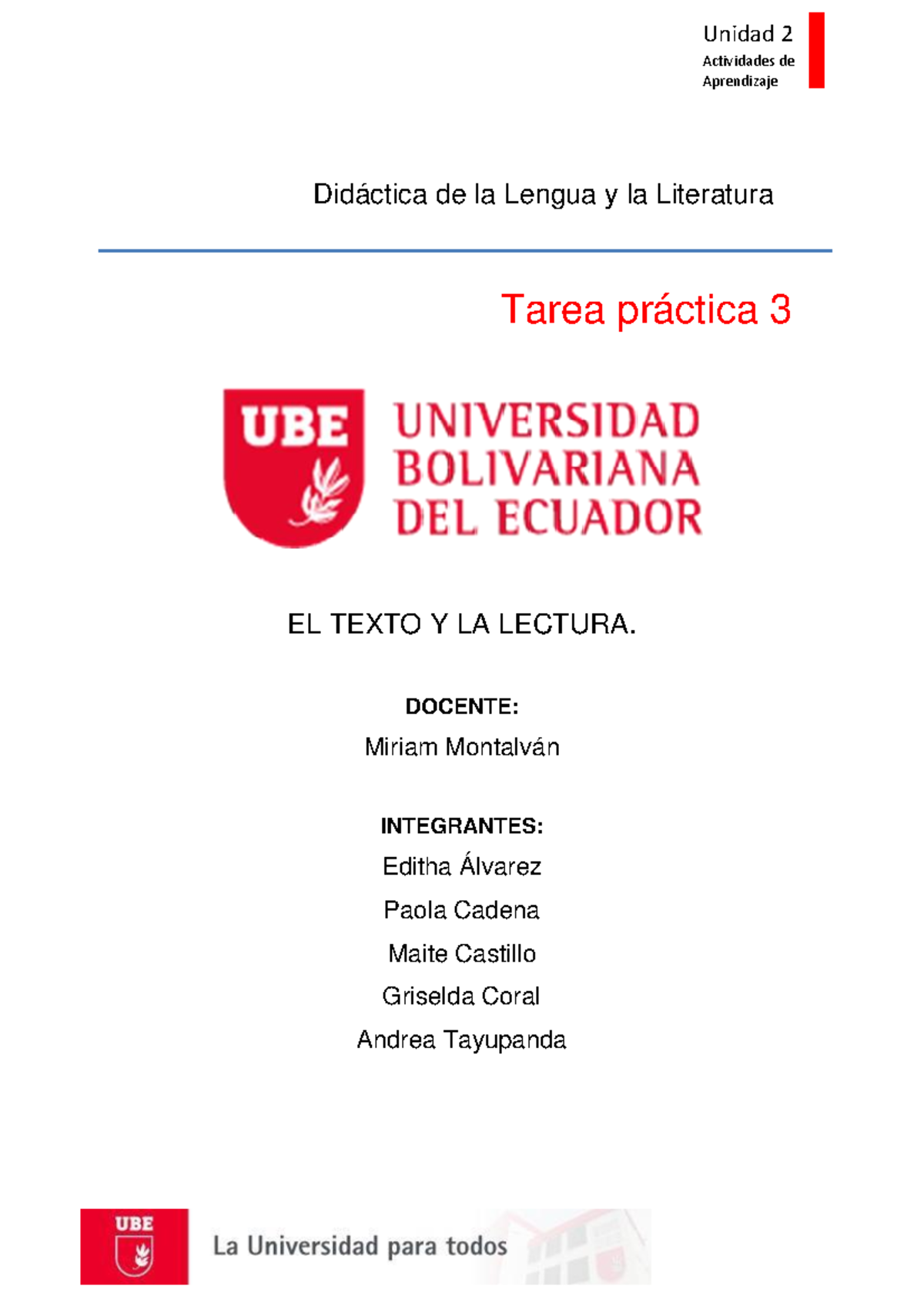 Tarea Didáctica N°3: Actividades para la Comprensión Lectora en Unidad ...
