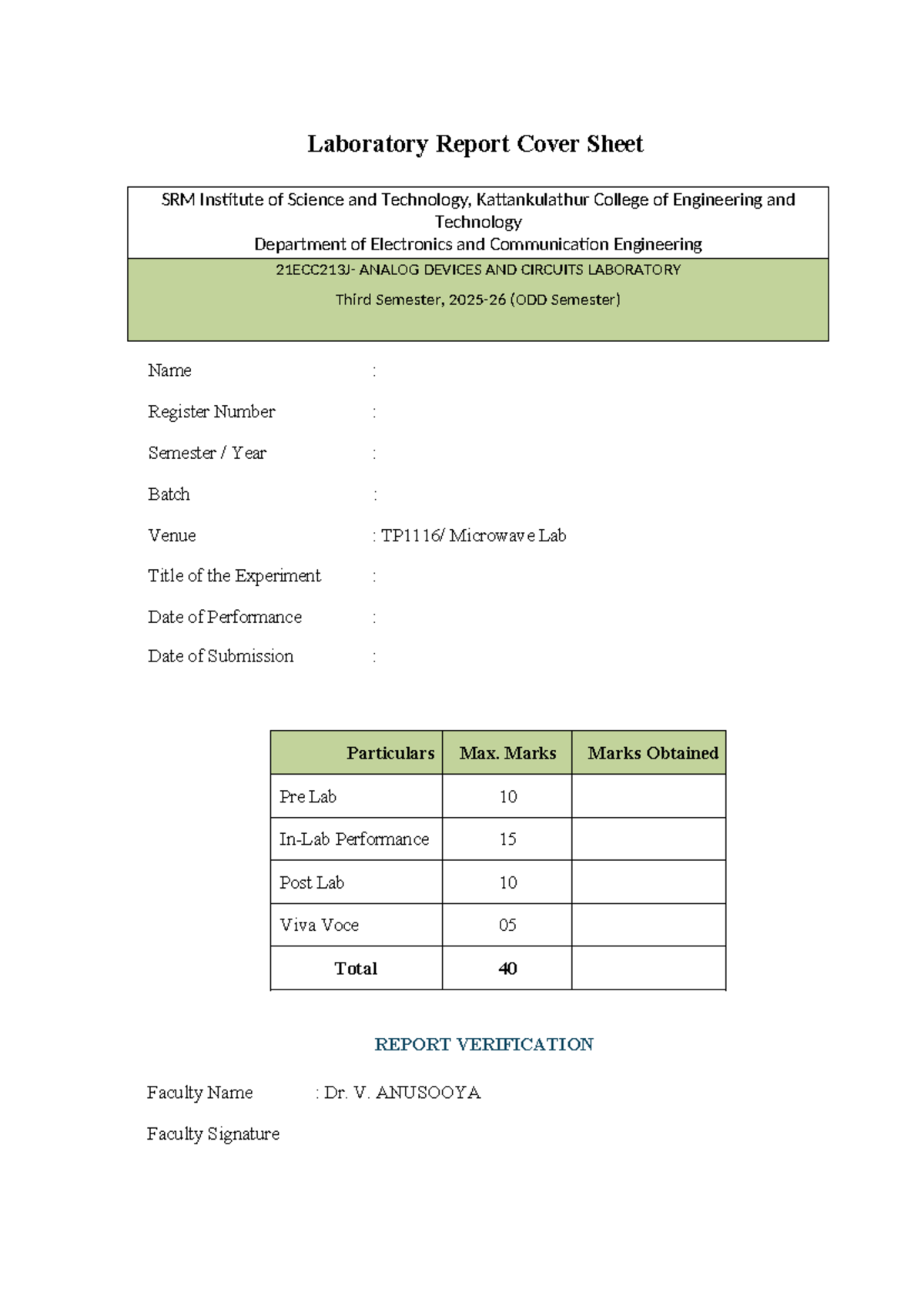 Laboratory Report Cover Sheet - 21ECC213J- ANALOG DEVICES AND CIRCUITS ...
