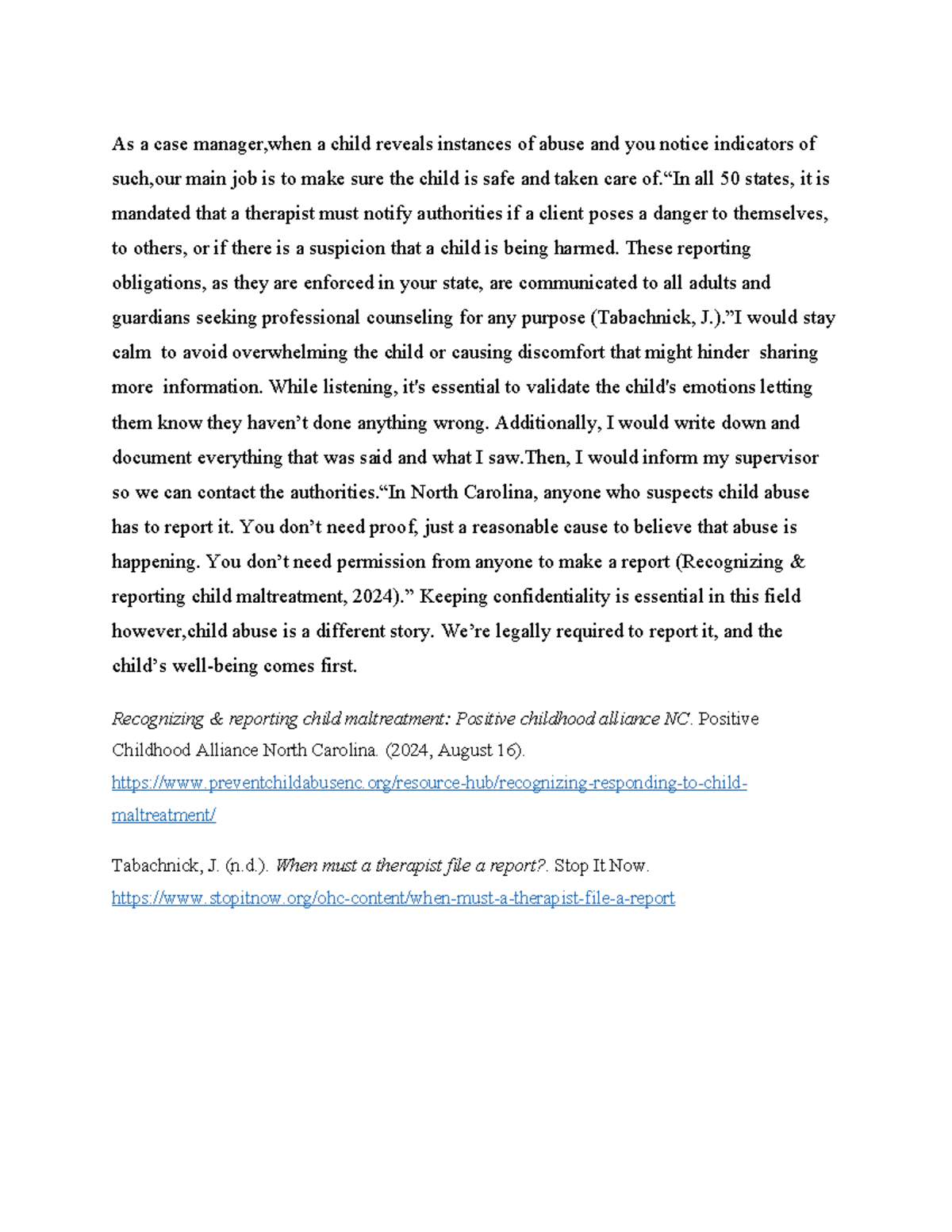 Child Abuse Reporting Obligations: Case Management in NC (Topic 7 DQ 2 ...