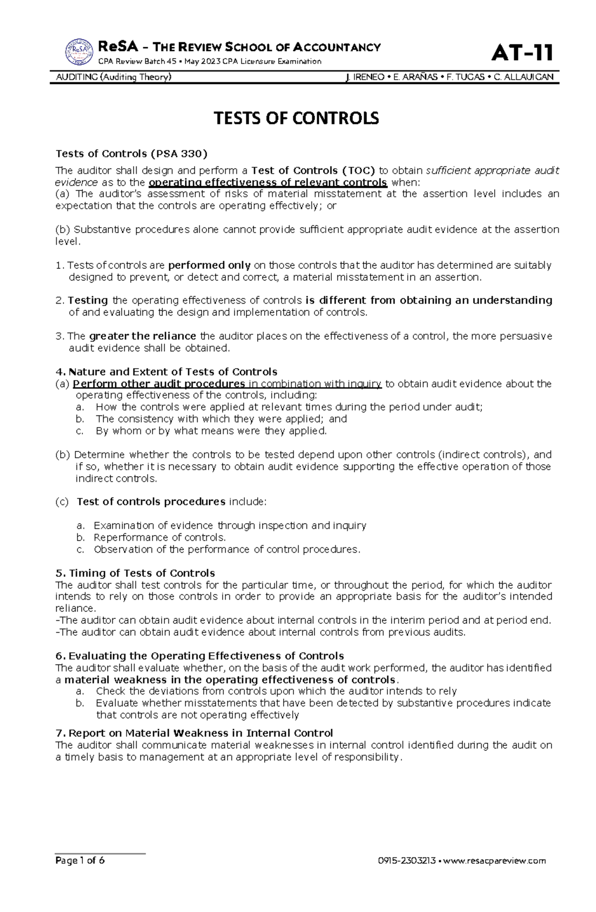 AT-11 Auditing: Comprehensive Guide on Tests of Controls - Studocu