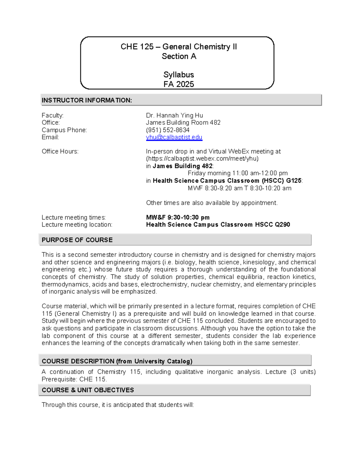 CHE 125 General Chemistry II Syllabus - Fall 2025 - Studocu