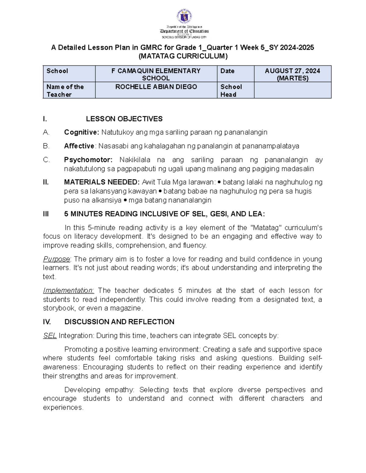 A Comprehensive Grade 1 GMRC Lesson Plan for Week 5 (Q1 SY 2024) - Studocu