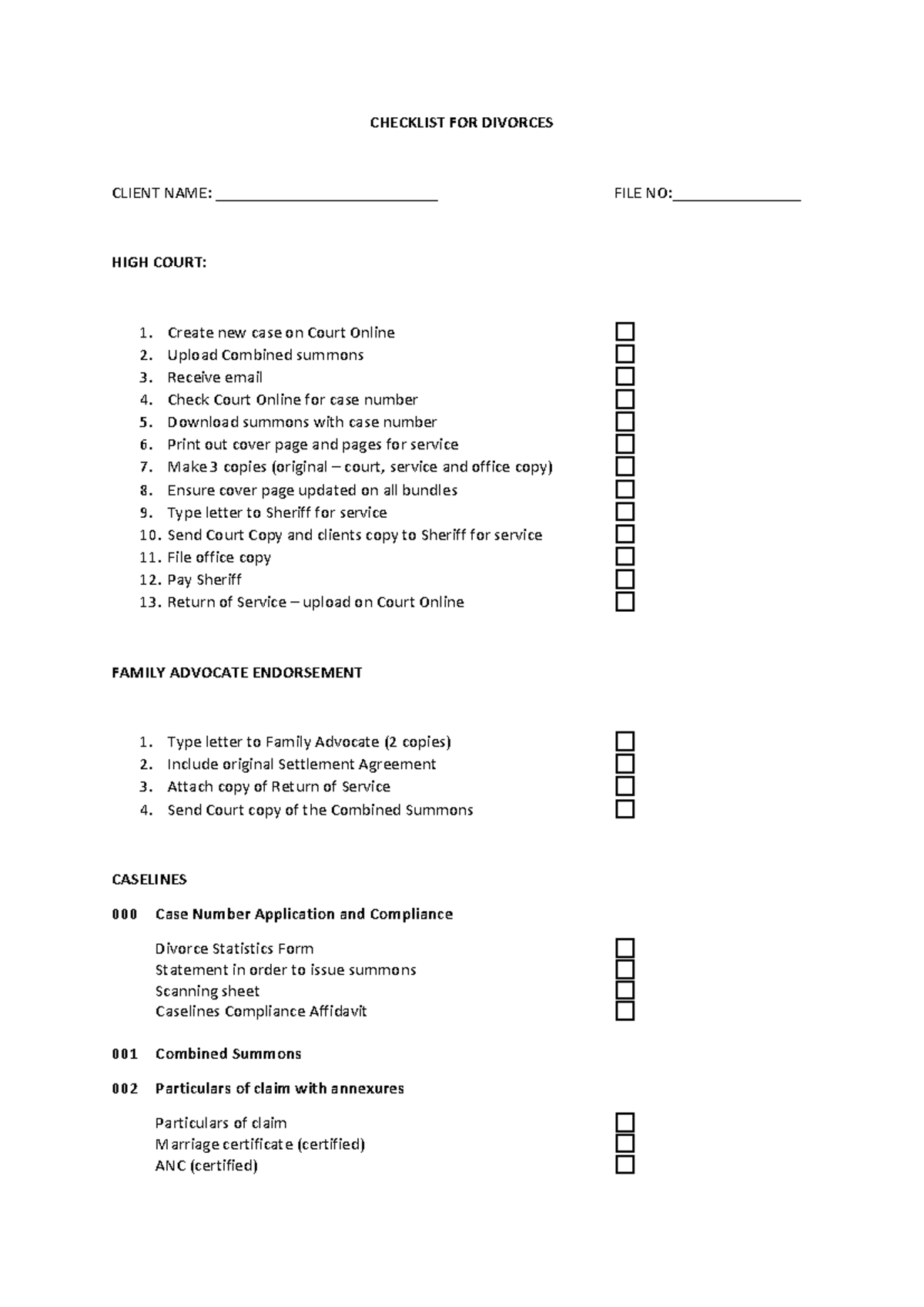 Divorce Checklist: High Court Procedural Guide for Attorneys - Studocu