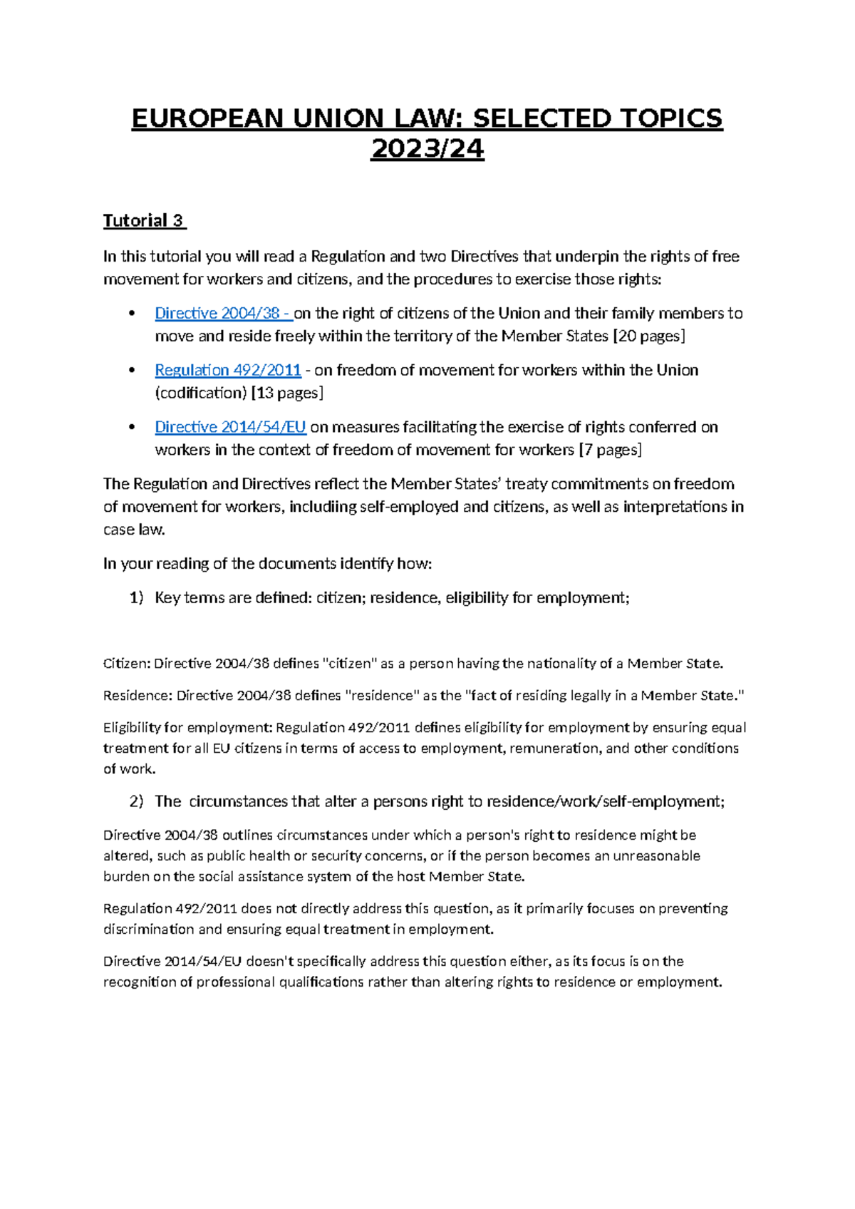 EU Tutorial 3 - free movement of persons and services - EUROPEAN UNION ...