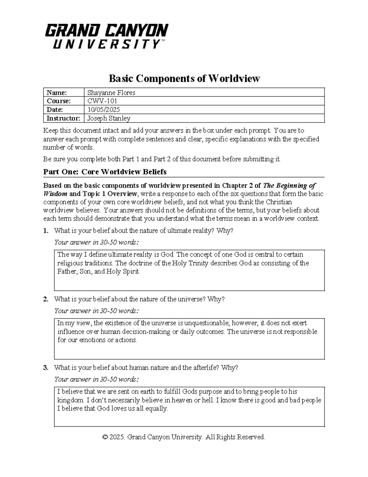 CWV 101 301 RS T1: Core Beliefs and Evaluation of Worldview - Studocu