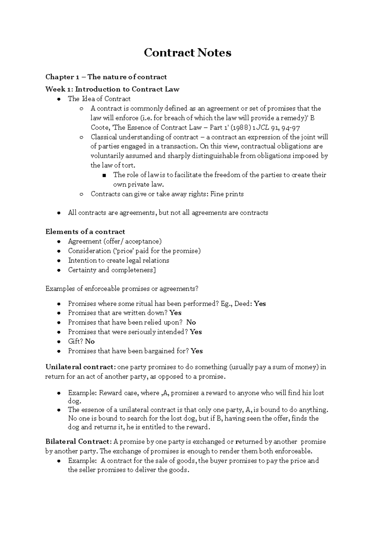 Contracts Notes - Semester 1 - First Year Contract Law Overview - Studocu
